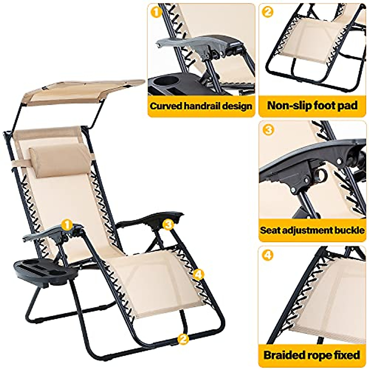 FDW 2 PCS Zero Gravity Chair Lounge Chairs Patio Chairs with Canopy Cup Holder for Outdoor Patio Seaside (Tan)