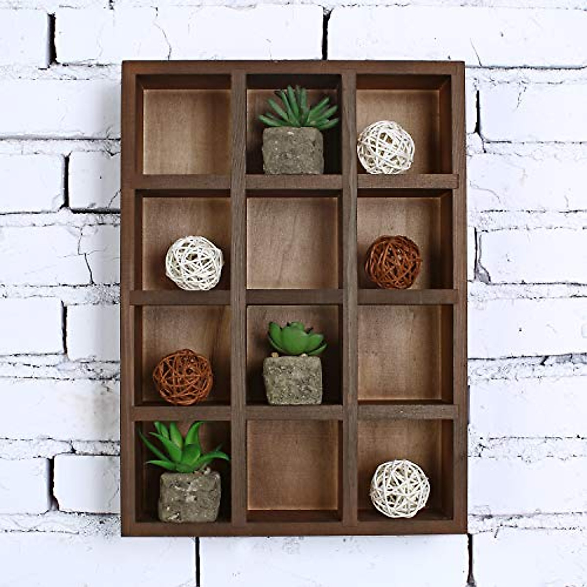 MyGift Brown Wood Hanging Shadow Box, Shot Glasses Display Case, Crystal Display Shelves, Collectibles Display Shelf, Freestanding or Wall Mounted Shelving Unit with 12 Compartments