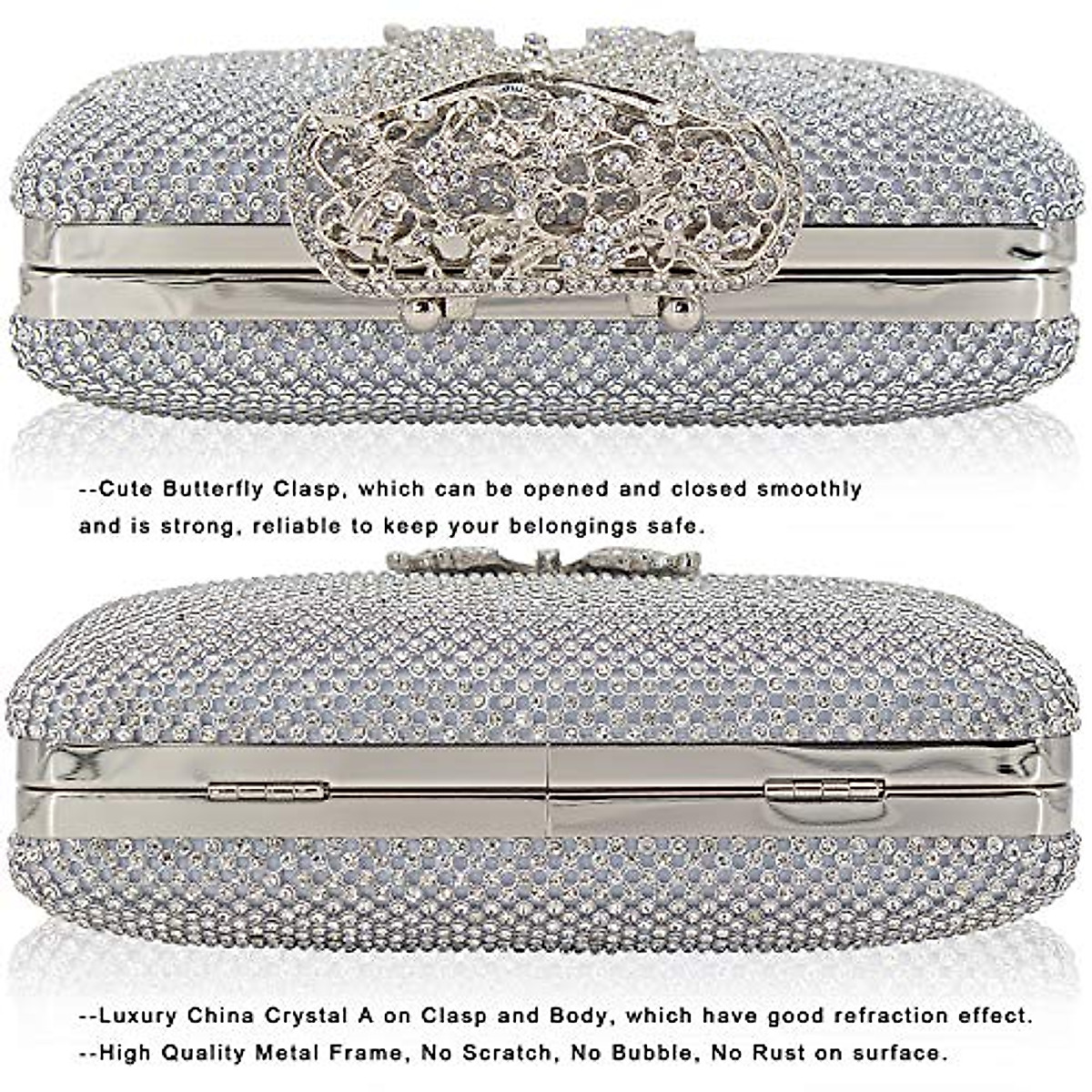 Dexmay Rhinestone Crystal Clutch Purse Butterfly Clasp Women Evening Bag for Formal Party Silver