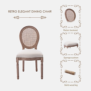 Kiztir French Country Dining Chairs Set of 6, Vintage Chairs with Round Backrest, Mid Century Upholstered Dining Chairs with Solid Wood Leg for Dining Room Bedroom Kitchen Restaurant