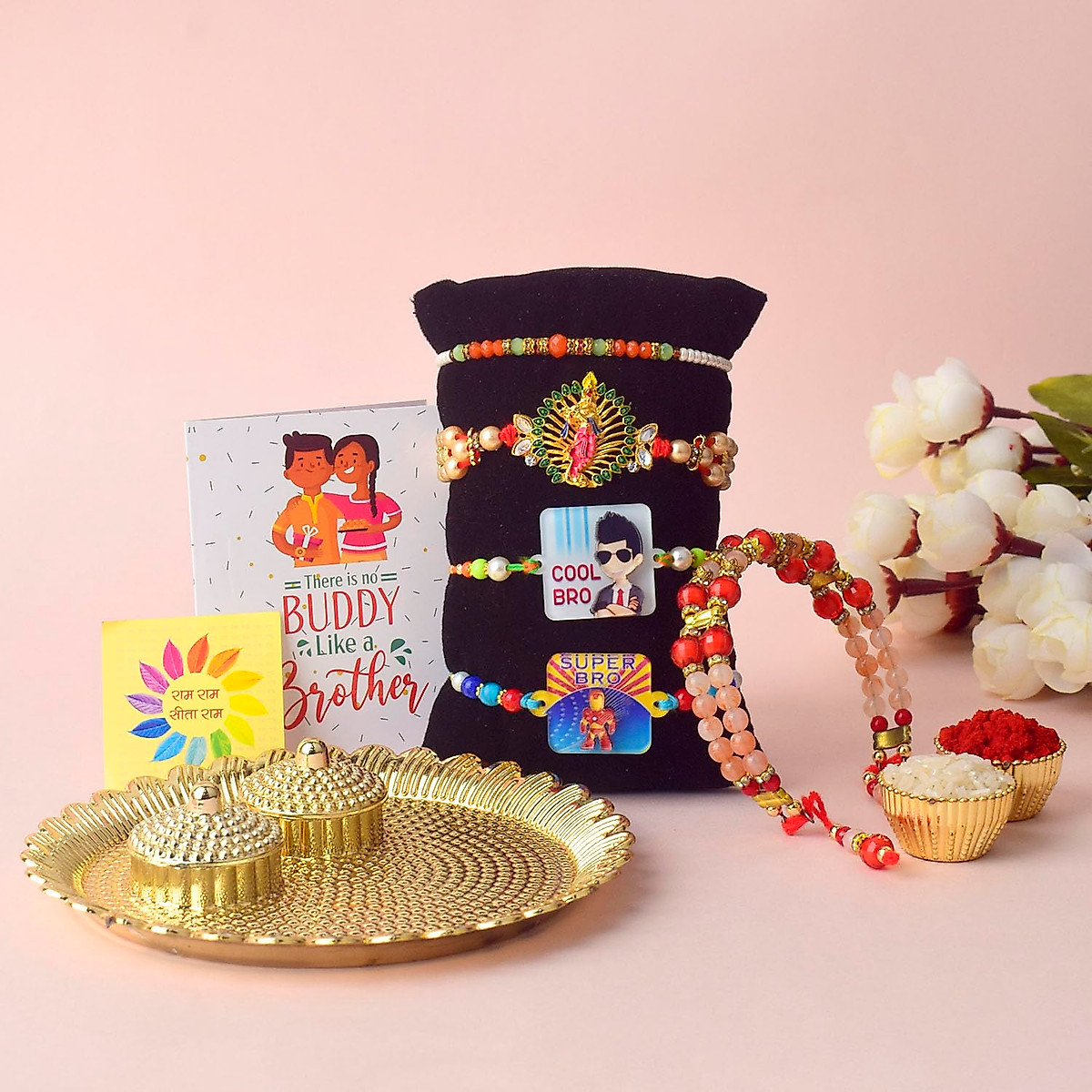 SATVIK 5 Pc Set of Designer Rakhi for Brother Bhaiya & Bhabhi Family Set with Lumba Loomba Rakhi for Bhai with Roli Chawal, Soun Sticker & Greeting Card Handmade Thread Rakhdi Gift Set, Rakhi Thread