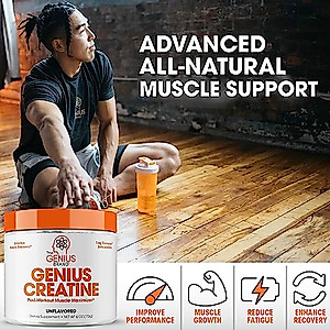 Genius Micronized Creatine Monohydrate Powder, Post Workout Supplement, Unflavored - 100% Naturally Flavored & Sweetened - Supports Muscle Building, Cellular Energy & Cognitive Function – 170g