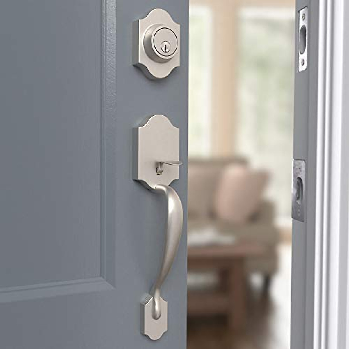 Amazon Basics Handleset with Shelby Lever - Single Cylinder - Satin Nickel