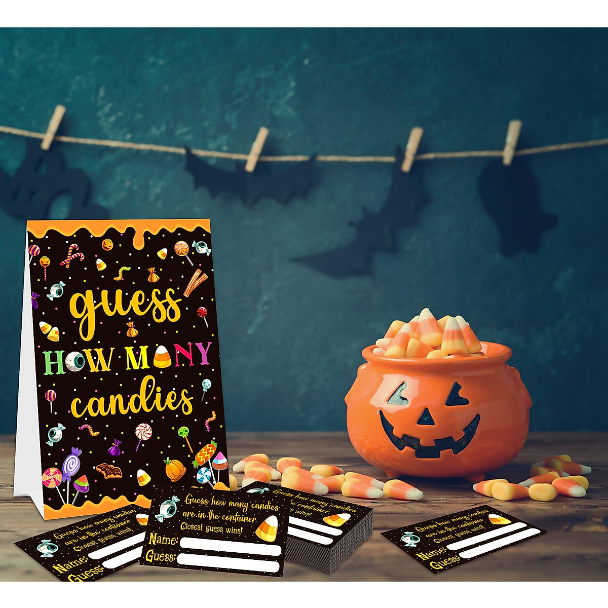 BIZIBAFF Halloween Guess How Many Candies Game Halloween Candy Party Game for Adults Women 50 Candies Guessing Game Cards Halloween Baby Shower Party Game Decoration Halloween Party Favors Supplies