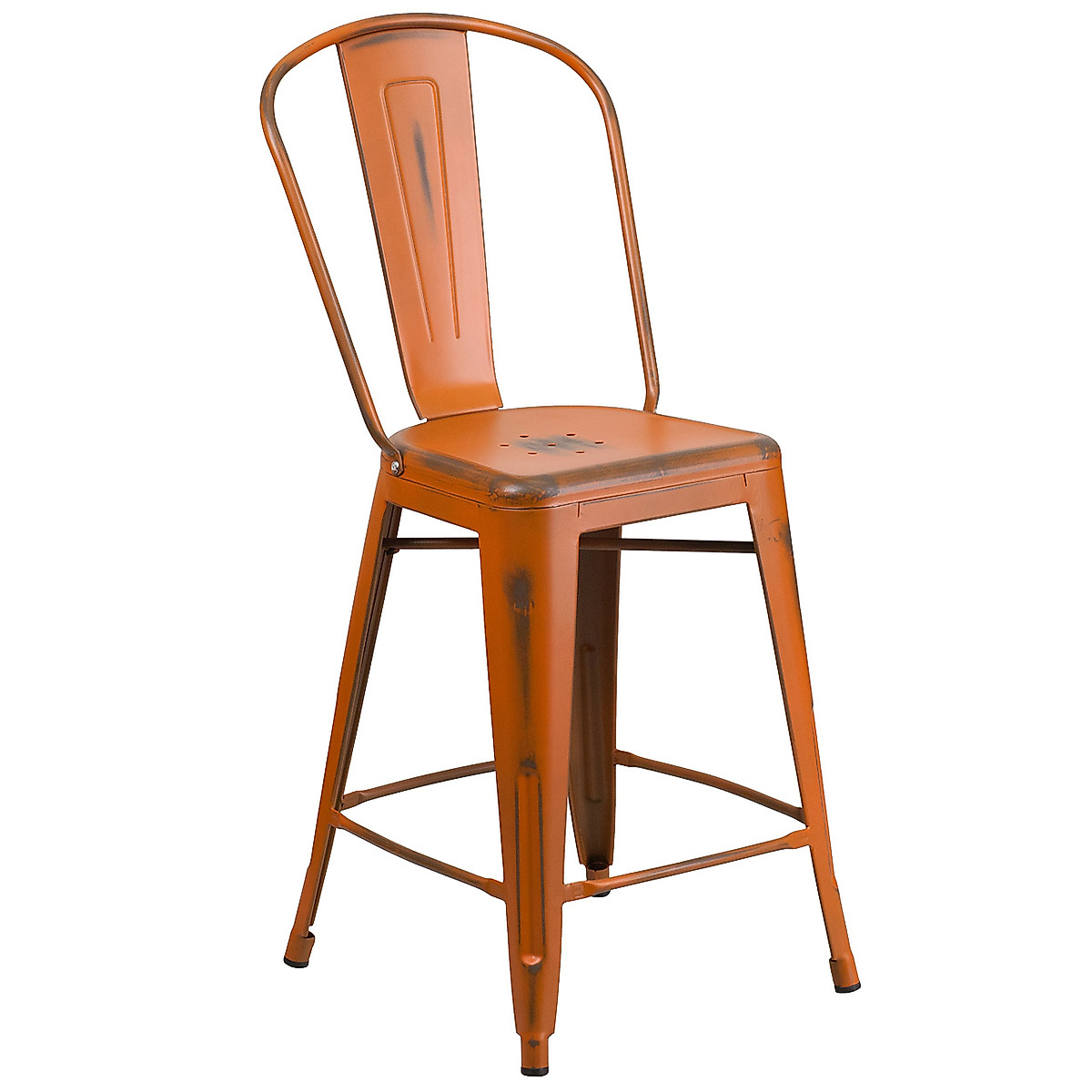 Merrick Lane Sabine 24" Indoor-Outdoor Counter Stool - Metal Stool with Distressed Orange Finish - Vertical Slat Back - Integrated Footrest