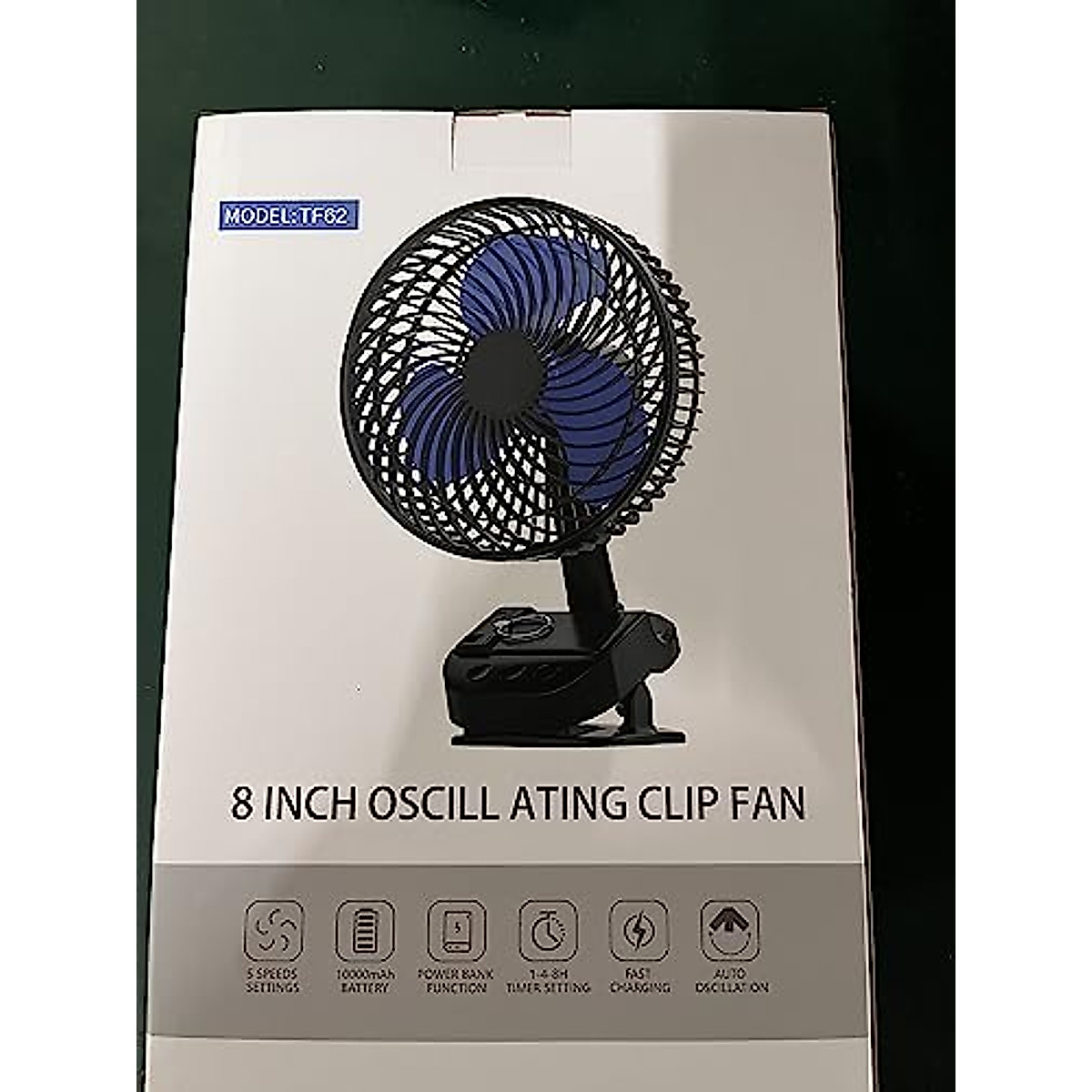 ATEngeus 4 in1 USB Fan, 8” Clip Fan, 10000mAh Rechargeable Table Fan, 5 Speeds Battery Operated Fan, 45°/90° Automatic Rotation, 3 Time Setting, with Clip & Hook for Homes, Offices, Bedroom