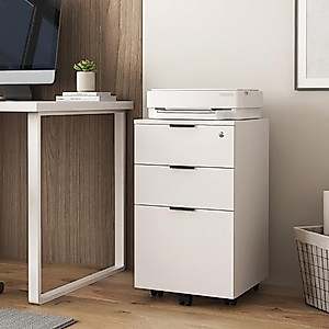 GOSROMS 3 Drawer File Cabinet with Lock & Charging Station, Wooden Move File Cabinet with Wheels, for Home Office, A4/Letter Size Files Under Desk - White