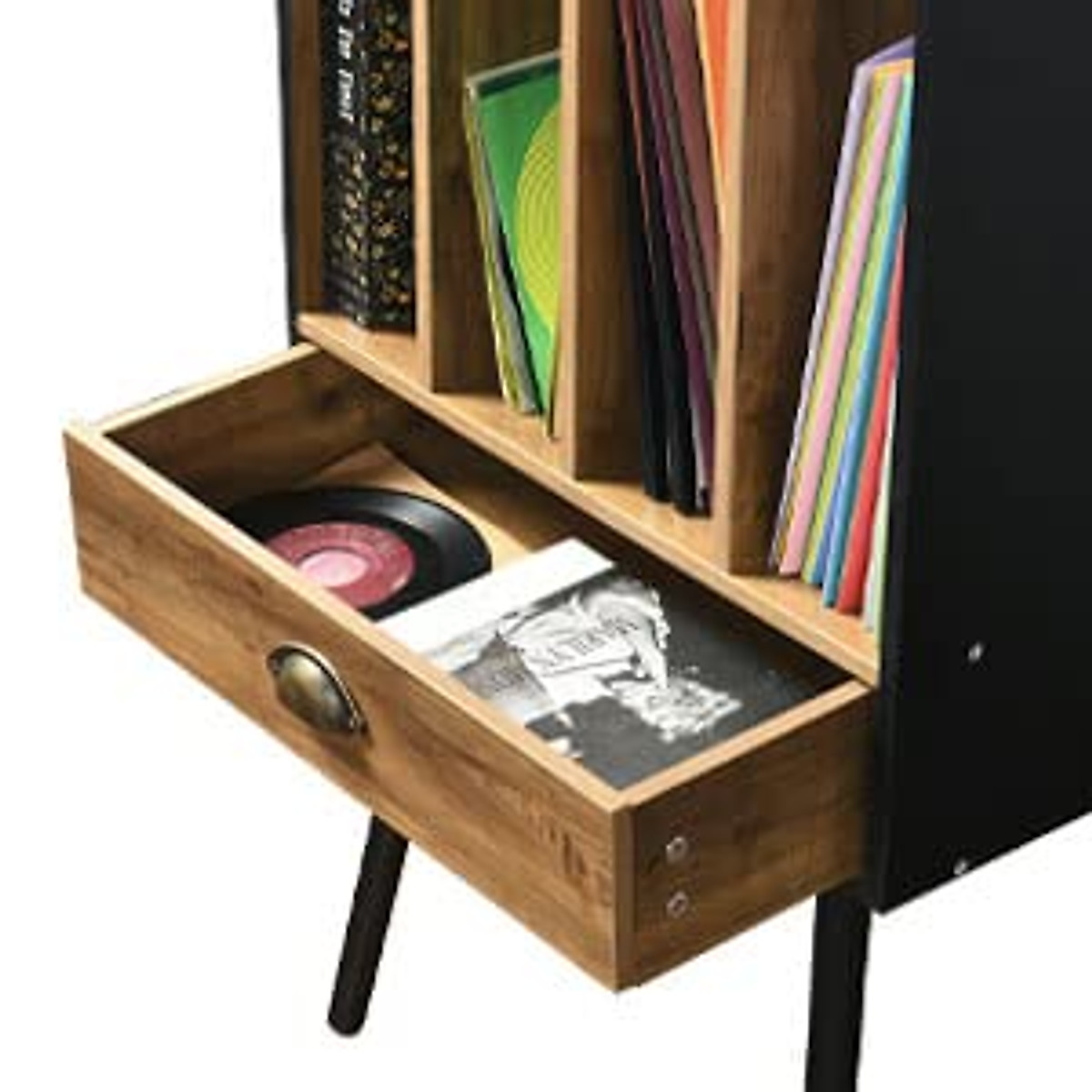 Record Player Stand, Turntable Stand with 4 Cabinet and Drawer, Mid-Century Modern Vinyl Record Storage Stand with Wood Legs, Vinyl Storage 140 LPs, Record Player Table for Living Room Bedroom