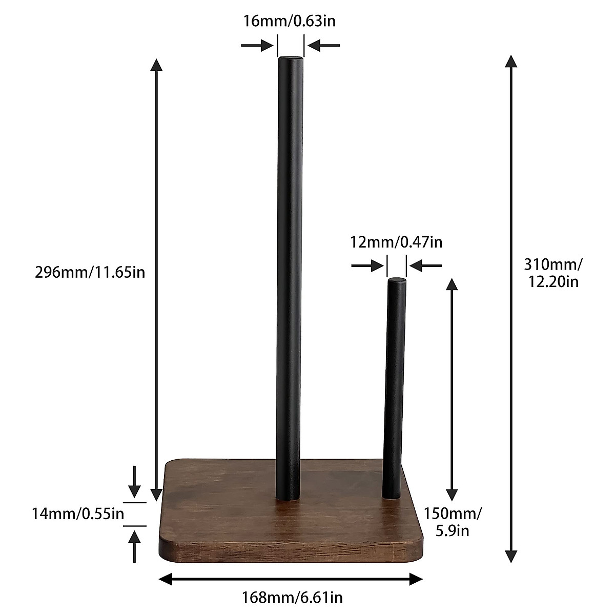 Black Paper Towel Holder Stand with Exquisite Wood Square Base, Niffgaff Free-Standing Paper Towel Roll Dispenser for Kitchen Countertop, Fits Standard and Jumbo Size Rolls