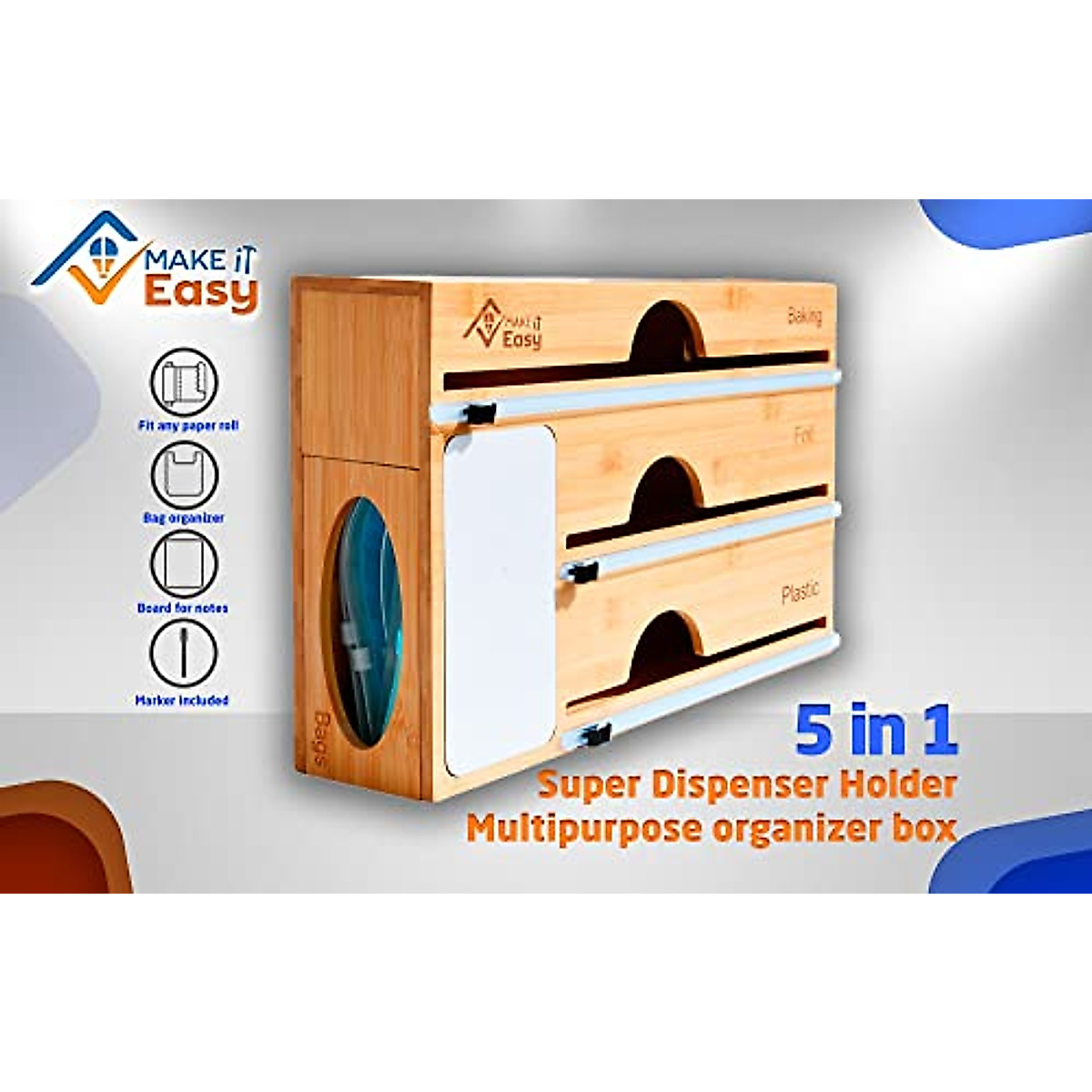 Make It Easy, Plastic Wrap Dispenser - 5 In 1 Wrap Organizer with Blackboard & Side Bag Dispenser - Foil & Wax Dispenser for Kitchen Storage Drawer - 4 Slot