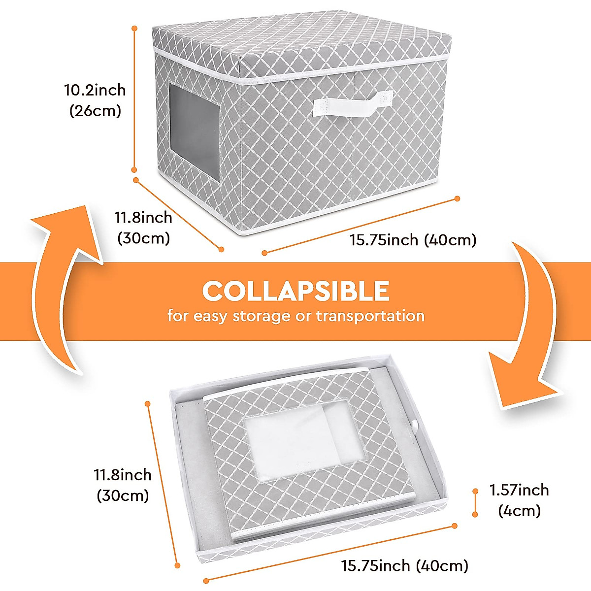 Keaxinty Fabric Storage Bins with Lid, 3 Pack Fabric Collapsible Storage Organizer with Handle,Closet Storage Box with Clear Window for Clothes, Toys, Books, Office (15.7 X 11.8 X 10.2, Grey)