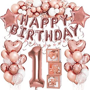 RUBFAC 1st Birthday Rose Gold Baby Shower Decorations for Girl Rose Gold Balloons 1st ONE Boxes Foil Balloon Hanging Swirls for Baby 1st Birthday Party