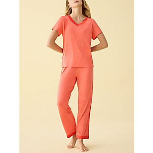 Latuza Women's V-neck Sleepwear Short Sleeves Top with Pants Pajama Set 2X Coral