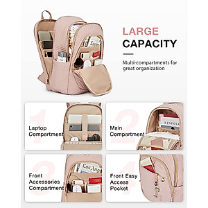 BAGSMART 15.6 Inch Pink Quilted Laptop Backpack for Women with USB Charging Port