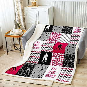 Ice Hockey Plush Bed Blanket, Hockey Player Throw Blanket Throw Size for Teens Kids Boys, Geometric Plaid Grid Sherpa Blanket Sports Games Fleece Blanket Decorative Sofa Couch, Black White and Red