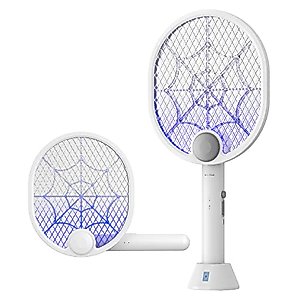 Buzbug Electric Fly Swatter, Type-C Rechargeable Bug Zapper Racket with Charging Base, Foldable Bug Zapper for Indoor and Outdoor, Mosquito Swatter with Blue-Purple Working Light