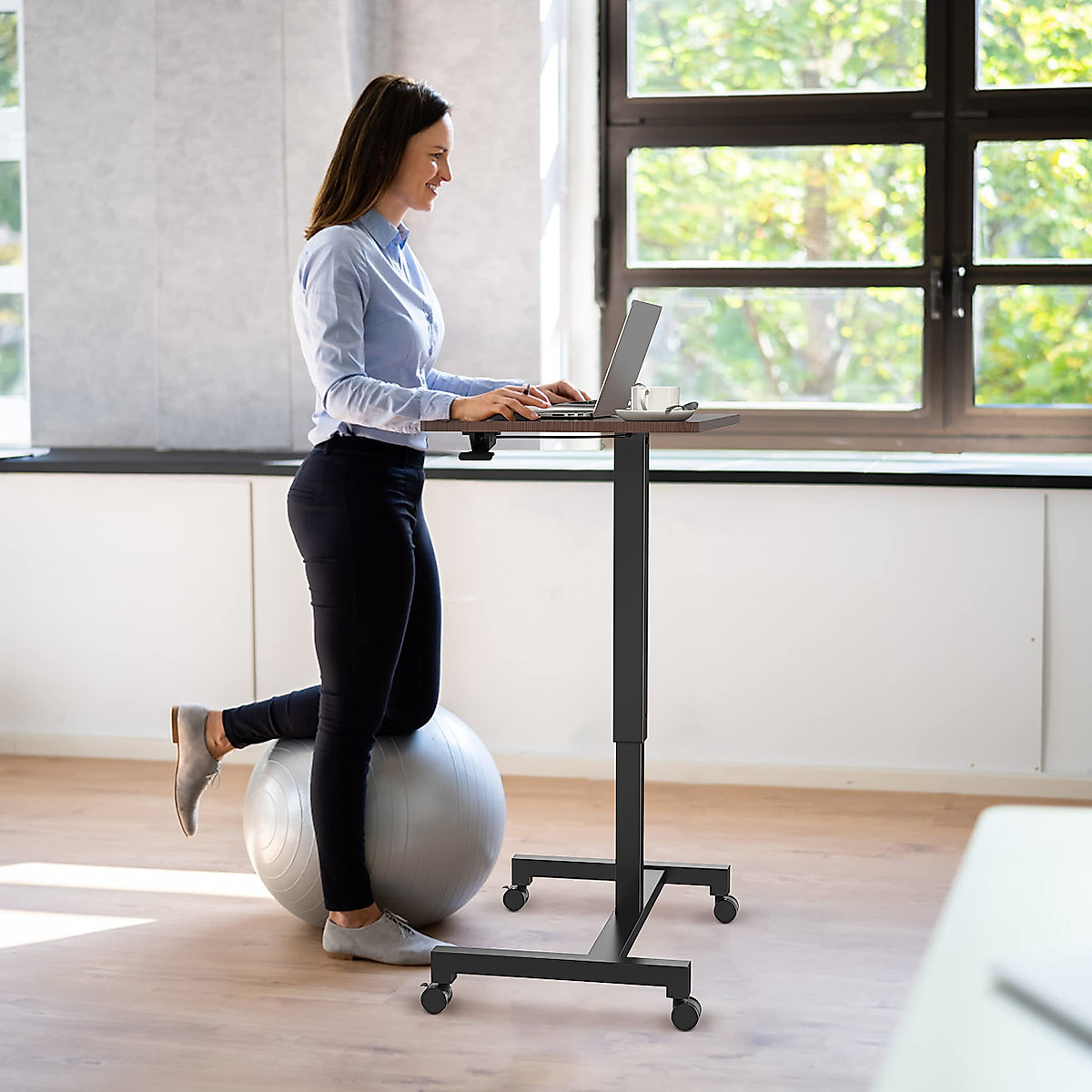 IWORKBOARD Mobile Laptop Desk, 27 inches Rolling Adjustable Height Desk, Mobile Portable Standing Desk, Pneumatic Sit Stand Desk with Wheels for Home Offices and School Rolling Table