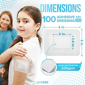 JJ CARE Adhesive Island Dressing [Pack of 100], 3x4 Sterile Bordered Gauze Dressing, Individually Wrapped Island Wound Dressing with Highly Absorbent Non-Stick Center Pad