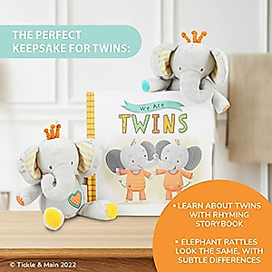 Tickle & Main We are Twins, Baby and Toddler Twin Gift Set, Keepsake Book and Set of 2 Plush Elephant Rattles for Boys and Girls