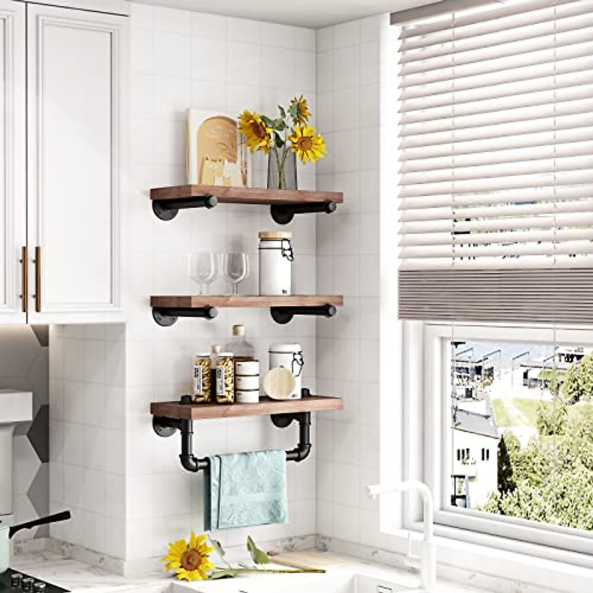 BOSURU Industrial Iron Pipe Shelves Wall Mount Wood Floating Shelf Rustic DIY Storage Shelving with Towel Rack for Bathroom,Living Room,Bedroom(Black,3-Tier)