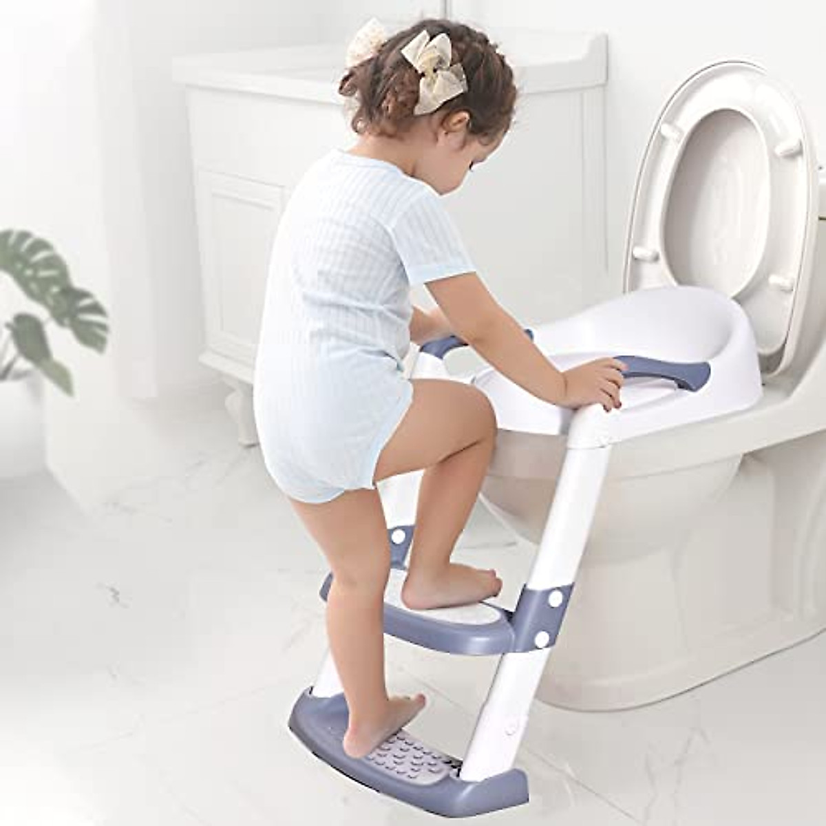 Potty Training Seat with Step Stool Ladder, Gentle Monster Toddler Potty Training Toilet for Kids Boys Girls Baby, Foldable & Comfortable Training Potty Chair Toilet for Child with Anti-Slip Pad(Grey)