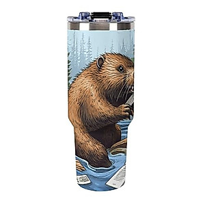 LLUTSNTH 40 Oz Vacuum Tumbler with Black Handle Leakproof Insulated Tumbler Busy Beaver Cartoon Stainless Steel Travel Mug with Lid And Straw Coffee Cup Cute Water Bottles Cup Holder Friendly