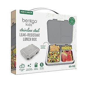 Bentgo® Kids Stainless Steel Leak-Resistant Lunch Box - Bento-Style Redesigned in 2022 w/Upgraded Latches, 3 Compartments, & Extra Container - Eco-Friendly, Dishwasher Safe, Patented Design (Silver)