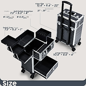 Hododou Rolling Makeup Case Cosmetic Travel Trolley Storage Sliding Drawer 4 Tray Makeup Travel Case with Wheels Salon Barber Case Traveling Cart Trunk for Cosmetologist Nail Tech Hairstylist Black