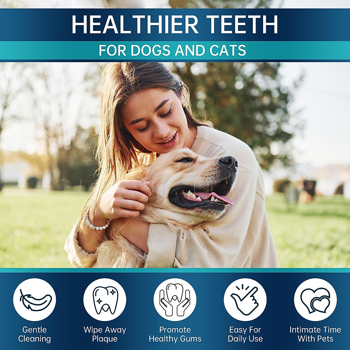 Woyamay Teeth Cleaning Wipes for Dogs & Cats, 120 Counts Dental Wipes for Reducing Plaque & Tartar for Cats and Dogs, Disposable Gentle Breath Freshener Dental and Gum Care Finger Pet Wipes