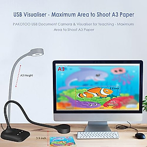 PAKOTOO USB Document Camera for Teachers, Webcam/Doc Camera for Classroom with A3 Format, 3-Level LED Lights, Image Invert, Fold, Dual mic for Mac OS, Windows, Zoom, OBS Work with Distance Learning