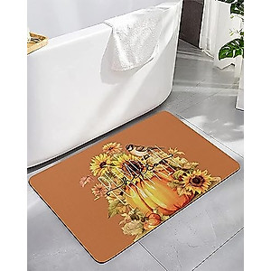 Bathroom Floor Shower Mat, Non-Slip Small Rugs - Easy to Clean, Fall Thanksgiving Pumpkin Sunflower Bird Brown Background Durable Bath Rug 16"x24" Washable Quick Dry Mats for Bathtubs