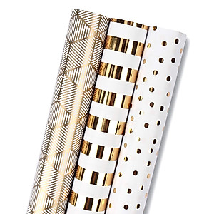 MAYPLUSS Wrapping Paper Roll - Mini Roll - 17 inch X 120 inch Per roll - White & Gold Foil Design (42.3 sq.ft.ttl)