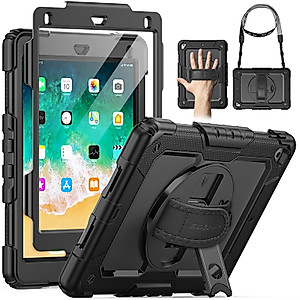 SEYMAC Case for iPad 6th/5th Generation Case 9.7 Inch, Full-Body Shockproof Heavy Duty Protective Case with Screen Protector, Rotating Stand/Hand/Shoulder Strap for iPad Air 2/ Pro 9.7, Black