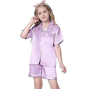 Silk Pjs for Women Set, Cute Silky Matching 2 Pcs Comfy Nightwear Button Down Sexy Soft Satin Summer Pj Short Set, D Lavender, X-Small