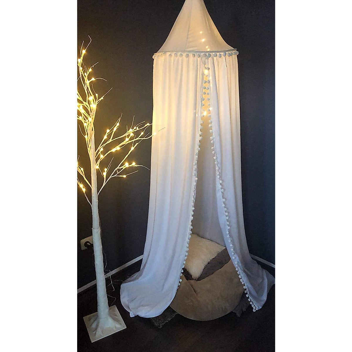 OldPAPA Crib Bed Canopy for Girls Bed with Pom Pom, Cotton Dome Mosquito Net for Baby, Kids Indoor Outdoor Playing Reading, Bedroom Decoration (White)