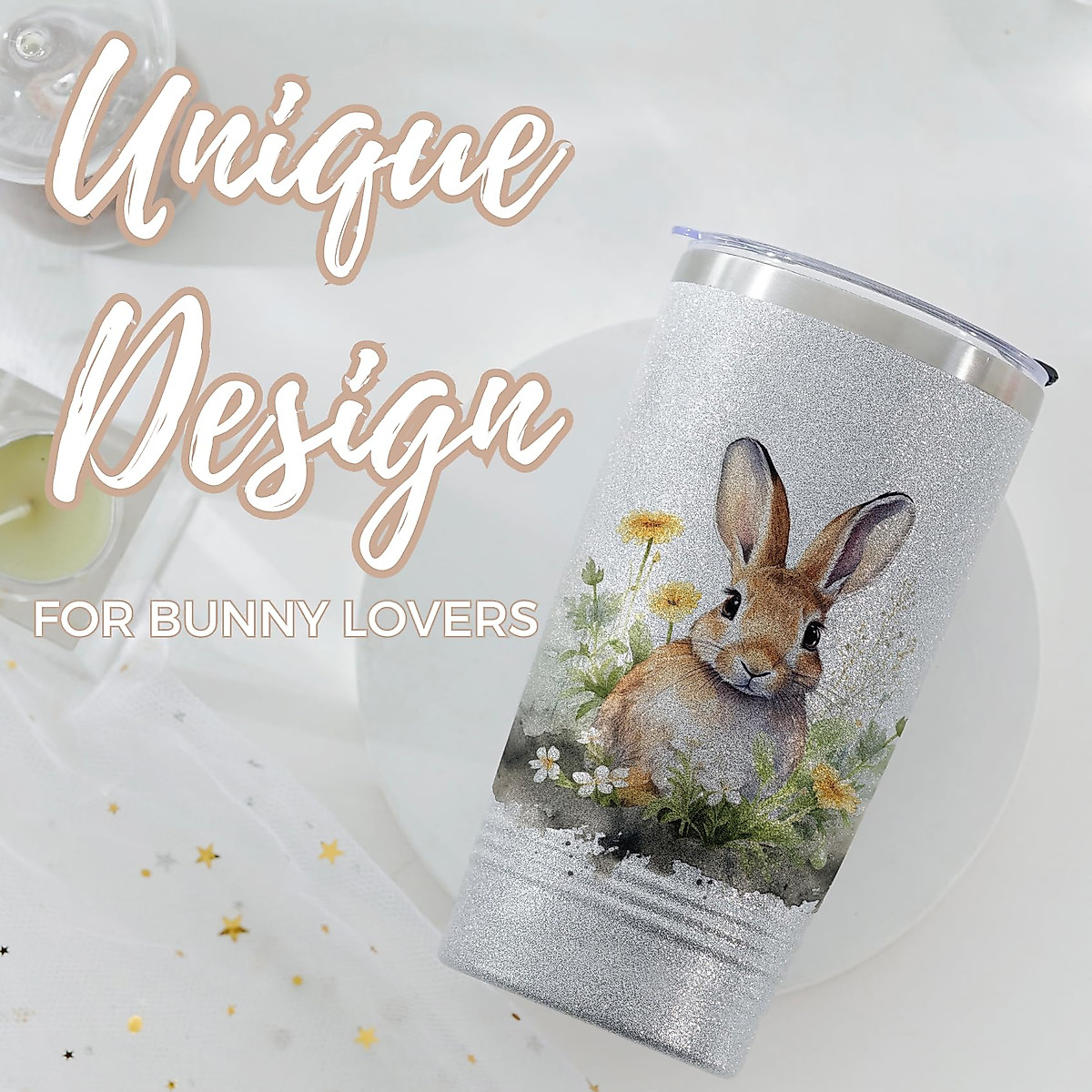 Onebttl Bunny Glitter Tumbler with Lid and Straw, Unique 20oz Cute Tumbler for Women & Girl, Bunny Lover Gifts for Christmas, Birthday