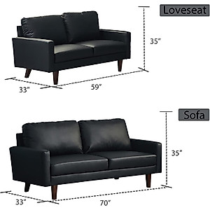 HomeStock Rococo Radiance Leather Upholstered, Comfy Couch Modern Sofa with Wooden Legs for Living Room, Office, Removable Cushions, Wooden Legs Black/Loveseat