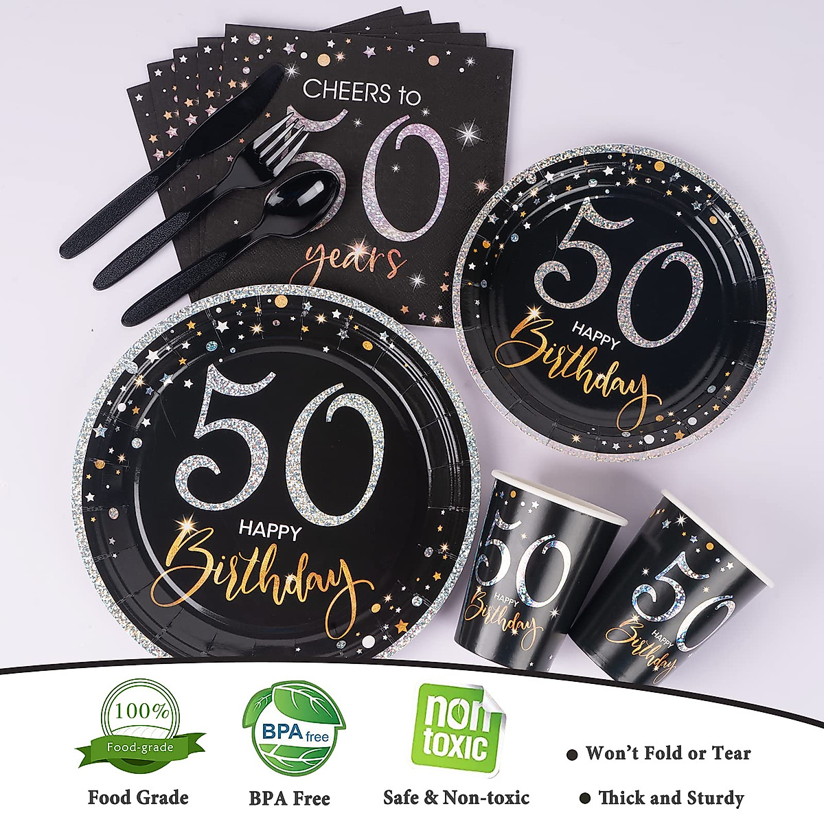 DECORLIFE 50th Birthday Plates and Napkins Serves 24, 50th Birthday Decorations for Men or Women, Cups, Knives, Forks, Spoons Included, Total 168pcs