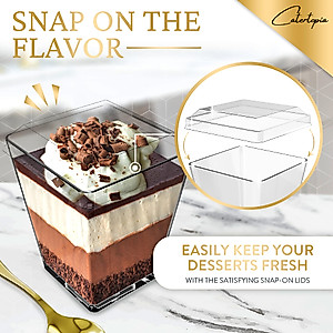 Mini Dessert Cups with Lids and Spoons (100 PACK) (Gold Spoons) - 5 oz Plastic Parfait Cups with Lids Reusable - Plastic Dessert Cups with Lids - Appetizer Cups - Clear Dessert Cups BPA Free Plastic