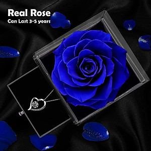 Forever Blue Rose Gift Box with Necklace - Real Eternal Rose with 925 Sterling Silver Women Necklace Inside,Enchanted Real Rose Flower for Valentine's Day Anniversary Wedding Romantic Gifts for Her.