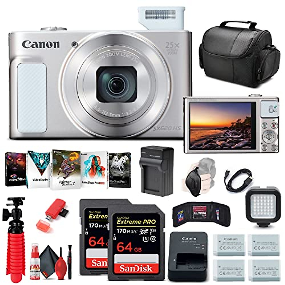 Canon PowerShot SX620 HS Digital Camera (White) (1074C001) + 2 x 64GB Memory Card + 3 x NB13L Battery + Corel Photo Software + Charger + Card Reader + LED Light + Soft Bag + More (Renewed)