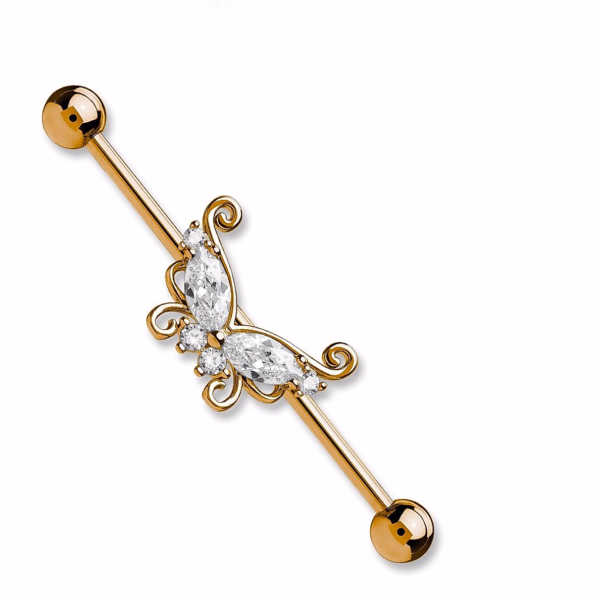 Dynamique 14GA Marquise and Round CZ Butterfly 316L Stainless Steel Industrial Barbell (Rose Gold/Clear)