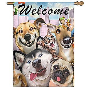 Welcome Happy Dog Animals Outdoor Garden Flag, Double Sided Vertical Garden Yard Flag Banner for Lawn House Outside Decor 12x18inch