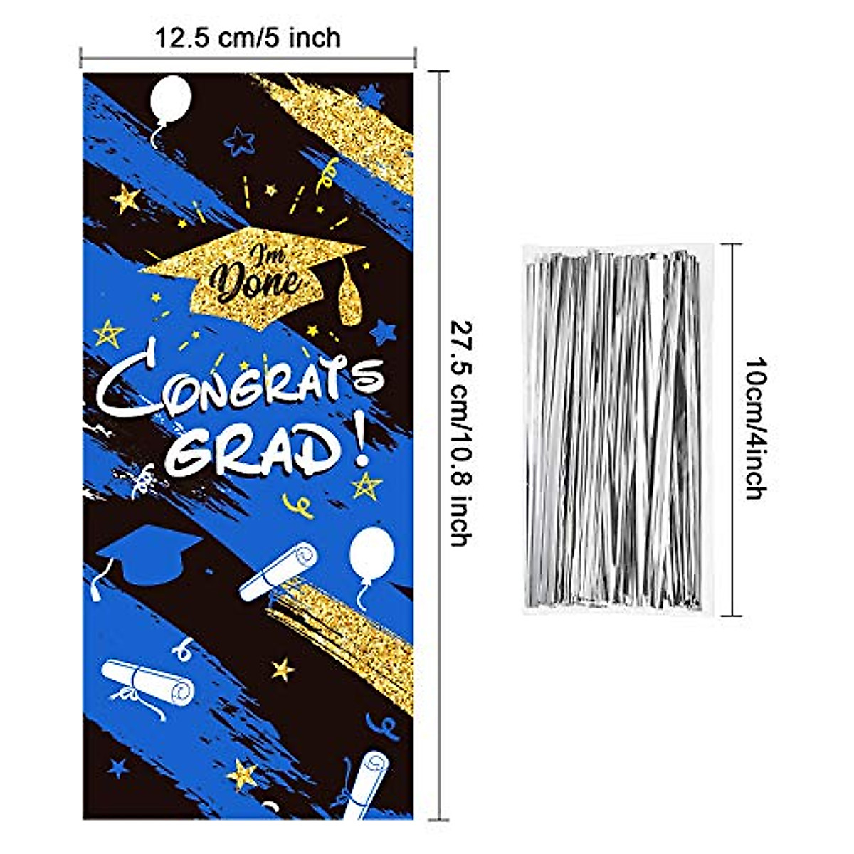 100 Pieces Graduation Cellophane Treat Bags, Congrats Graduates Candy Present Bags Plastic Clear Goodie Wrapping Bags with 100 Silver Twist Ties for Graduation Day (Blue)