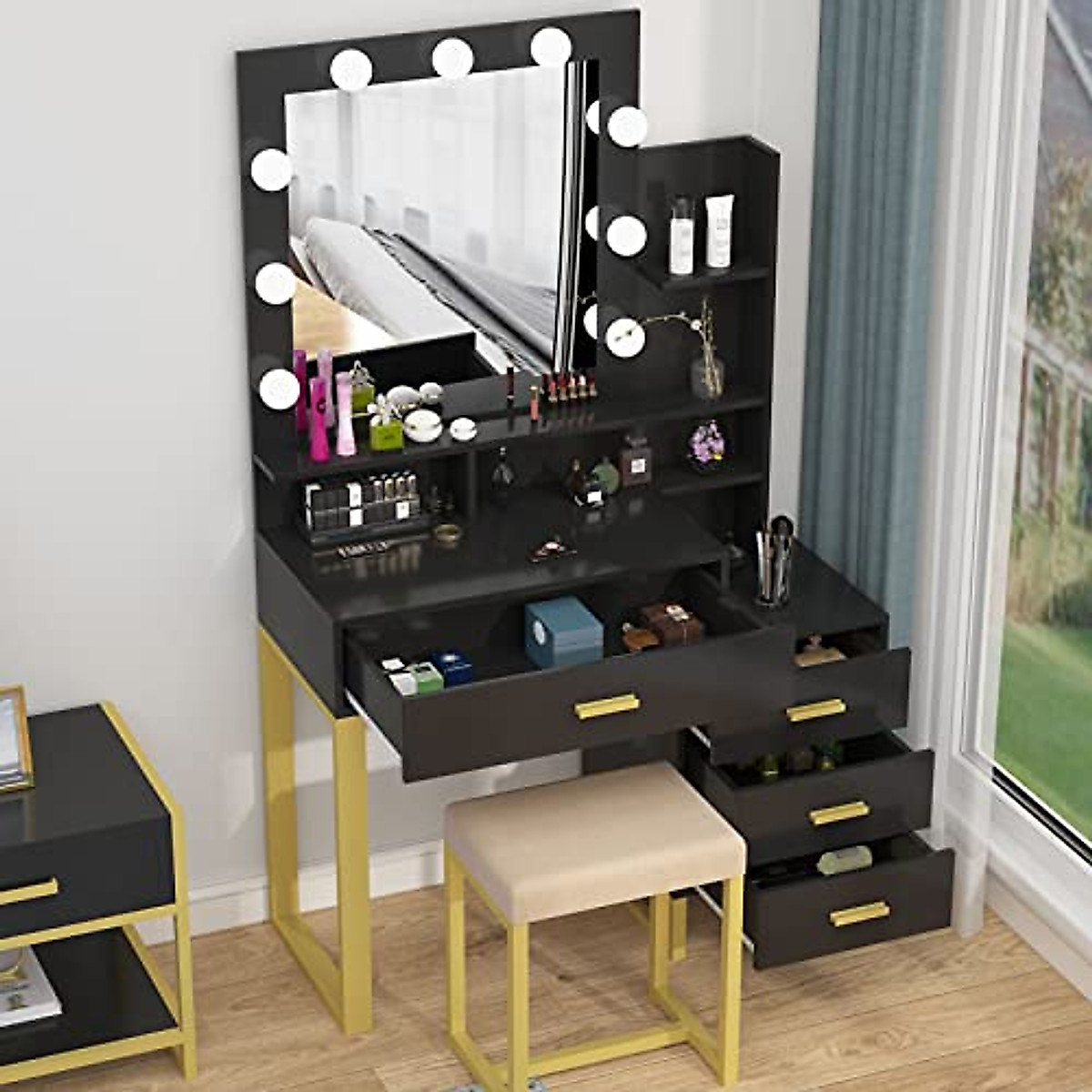 PAKASEPT Vanity Set with Lighted Mirror, Makeup Vanity Dressing Table with LED Light, Drawers, Storage Shelves and Cushioned Stool, Small Vanity Desk for Bedroom (Black, 39.4"Lx15.7"Wx63"H)
