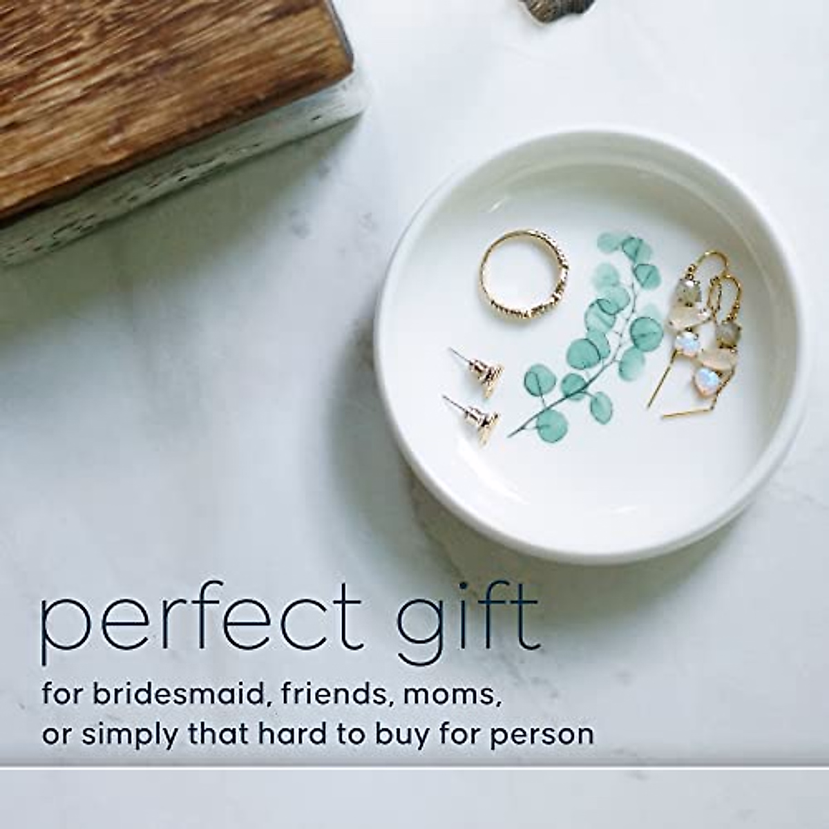 Set of 4 Ceramic Jewelry Dish, Ring Holder or Trinket Dish Holder with decorative plant design - bathroom decor, Stackable Round key holder, jewelry organizer that fits home decor- Cedar and Ink