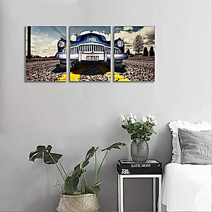 USIXA Car Wall Art for Living Room Old Vehicle on Brown Road Wall Decor Painting Blue Car in Wild Picture for Home Decor Prints Canvas with Frame Ready Hang White Cloud Sky Landscape Poster 12''X16''