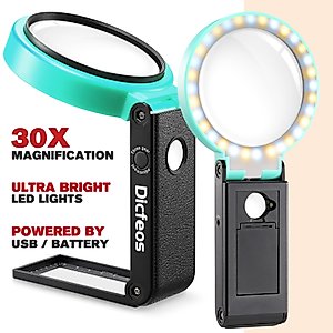 Dicfeos 30X 40X Magnifying Glass with Light and Stand, Non-Rechargeable, Folding Design 32 LED Illuminated Magnifying Glass for Close Work, Powered by Battery or USB(Green)