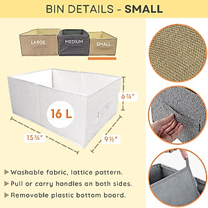 Small Gray Storage and Organization Bins, Baskets for Shelves, Closet Organizer, Washable, Collapsible, with Handles, Cotton & Linen (3-Pack)