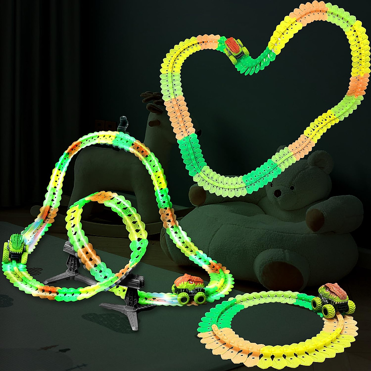 OSALON Dinosaur Race Car Tracks Toys Set for Kids Boys Girls Ages 3 4 5 6+ Electric Dinosaur Turkc Cars with Strong Suction Cup,Steady Tripod 130+ Pcs Train Car Tracks Birthday Gift Christmas